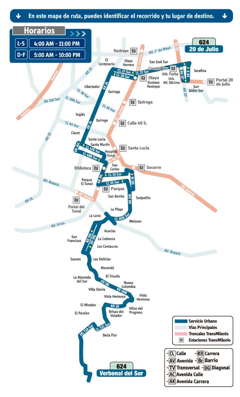 Ruta 624 Verbenal del Sur - 20 de Julio - Rutas Transmilenio y Rutas ...