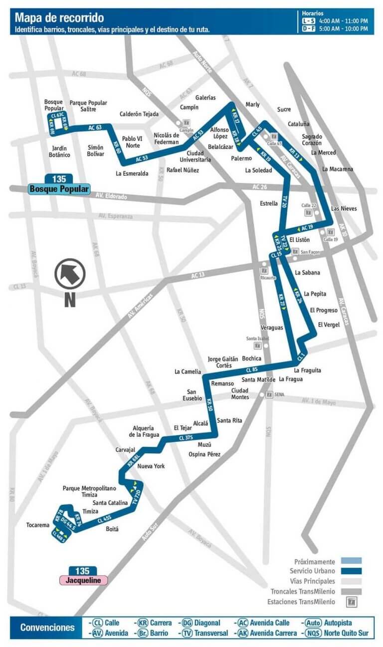 Ruta 135 SITP Mapa completo - Rutas Transmilenio y Rutas SITP de Bogotá
